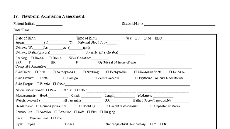 Newborn Admission Assessment (NAA) - Patient Evaluation Form - Studocu