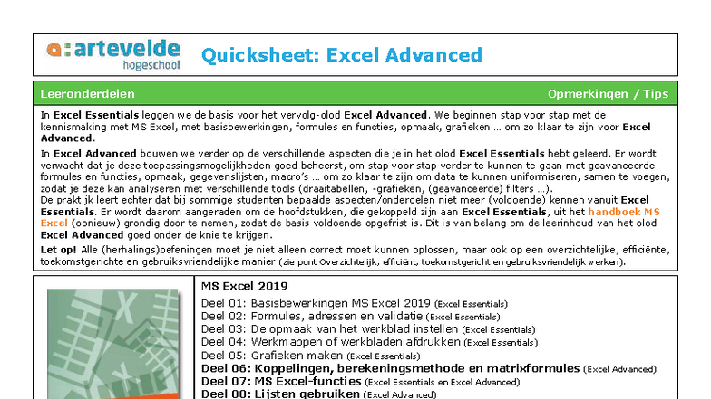 Quicksheet: Excel Advanced Tips en Opmerkingen voor MS Excel 2019 - Studocu