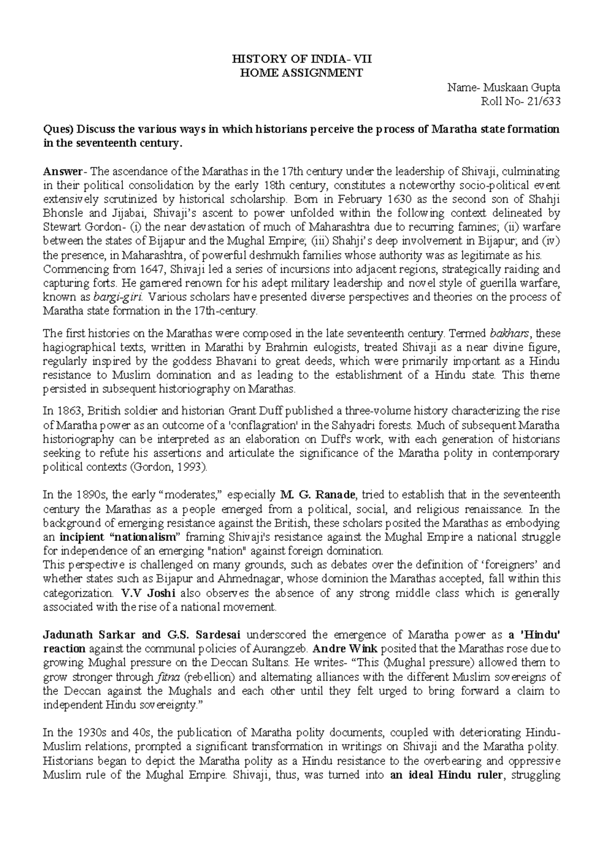 Maratha State Formation in 17th Century India - History VII Assignment ...