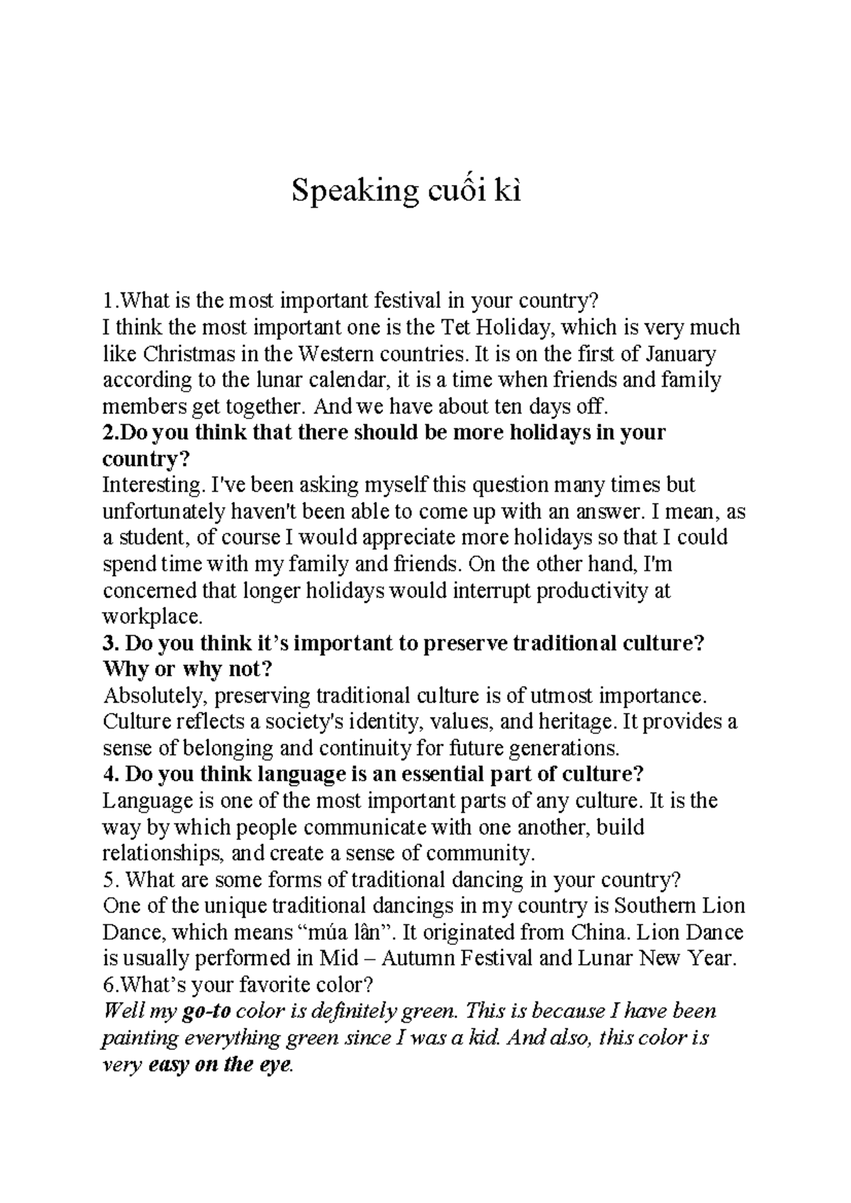 Tiếng Anh 1.1: Speaking Cuối Kỳ 1 - Festivals, Colors, and Technology ...