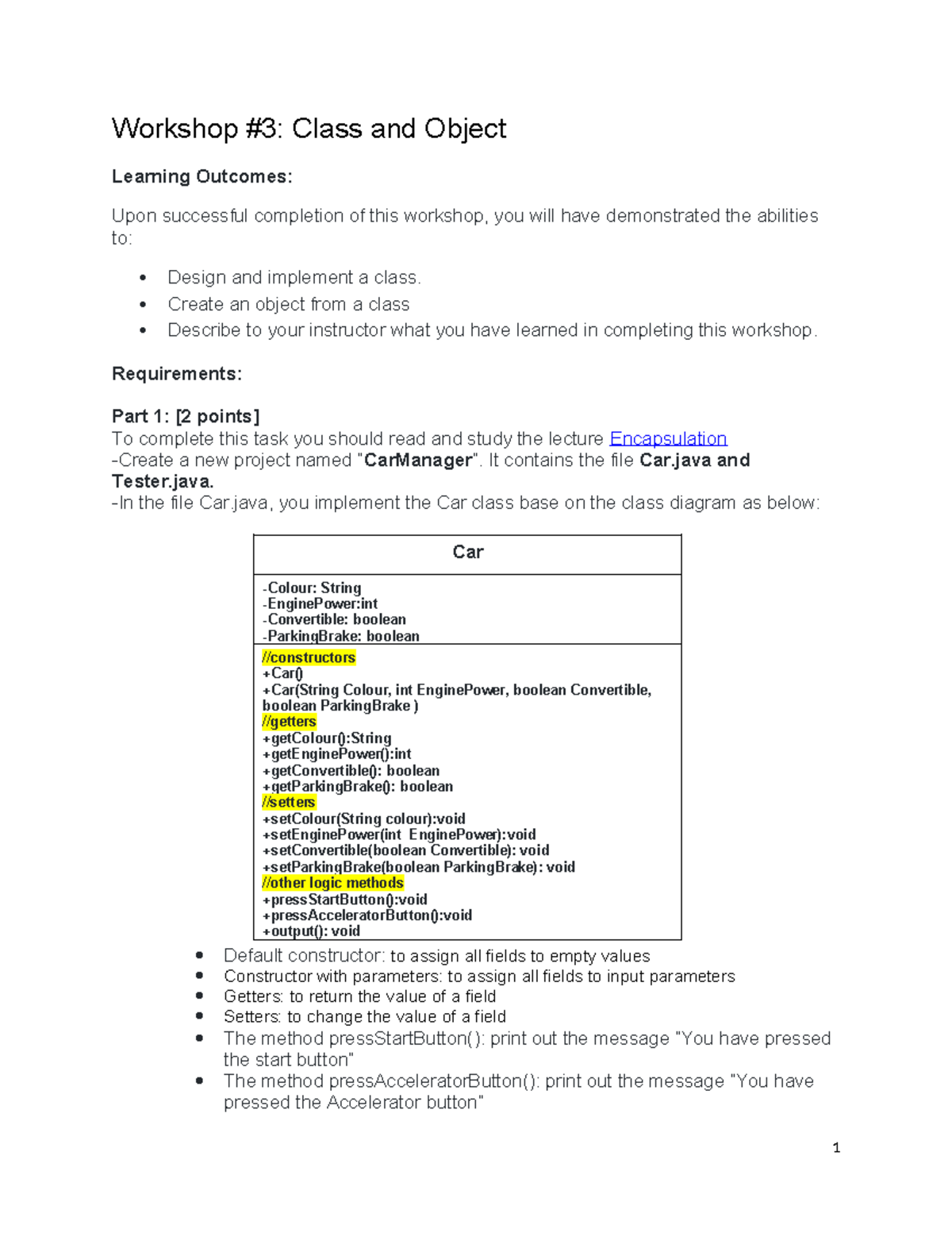 Workshop 3: Class & Object Learning Outcomes and UML Design - Studocu