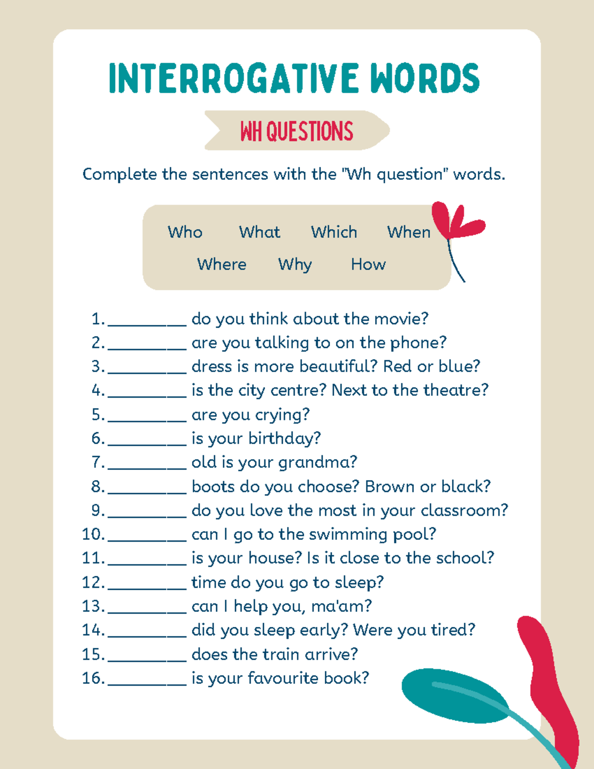 Wh Questions Worksheet: Interrogative Words for English Learners - Studocu
