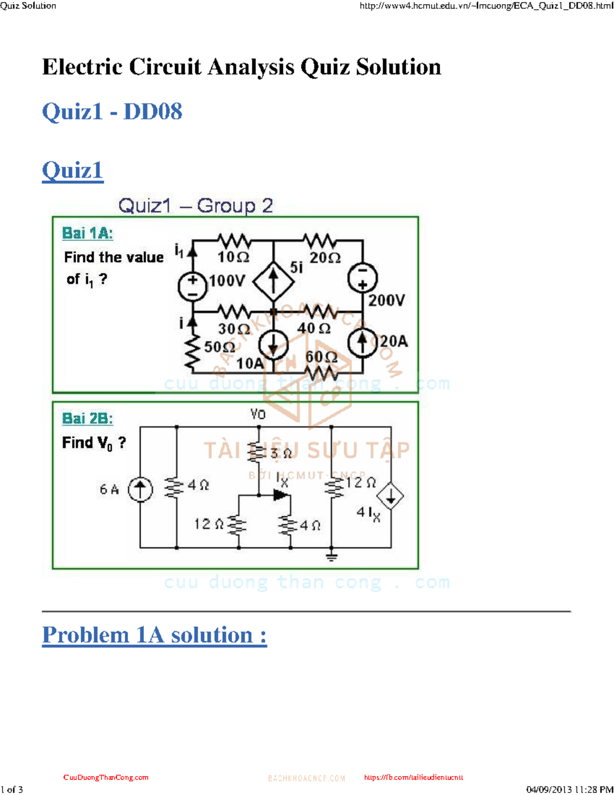 Quiz 1 Solutions for Electric Circuit Analysis (DD08) - Studocu
