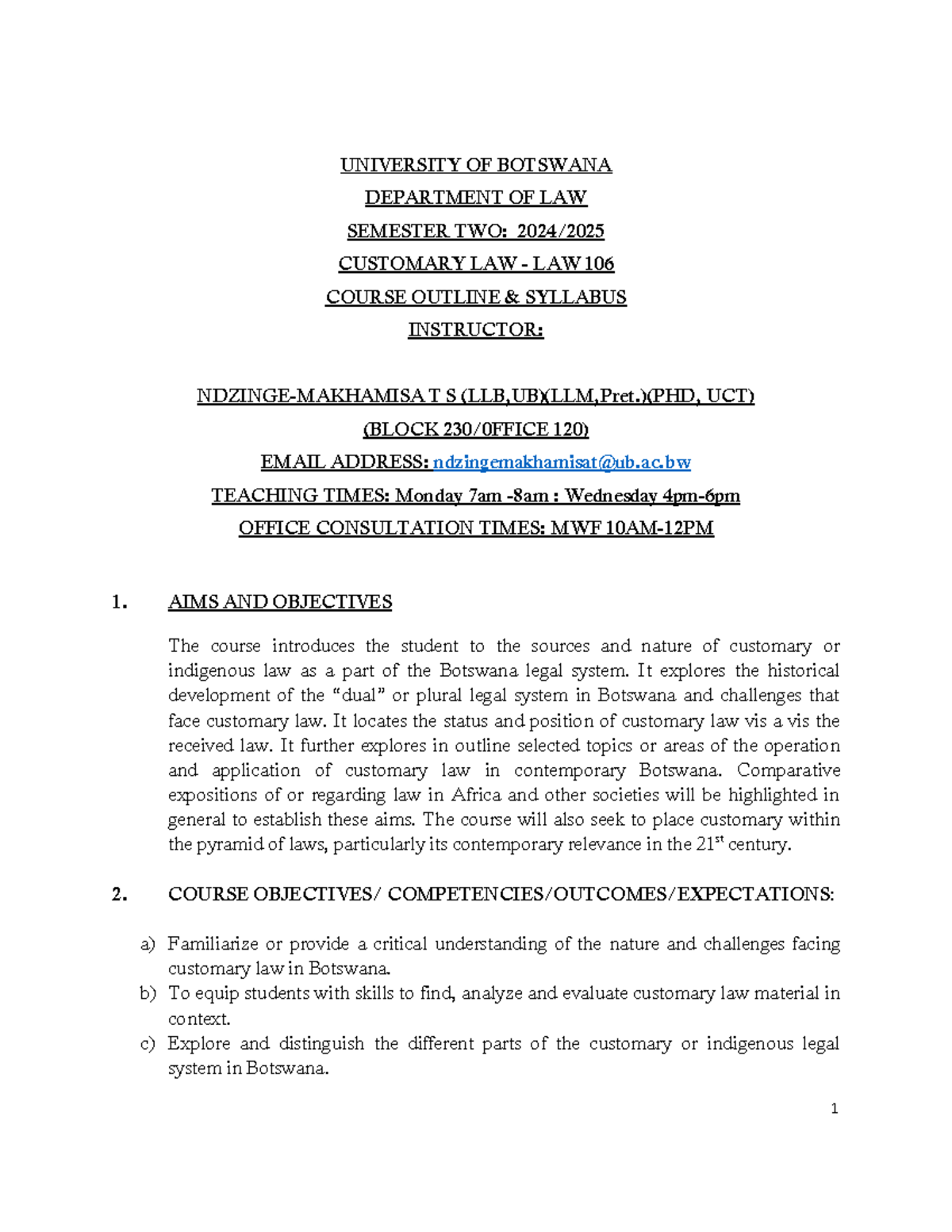 LAW 106 Customary Law Course Outline & Syllabus (2024-2025) - Studocu