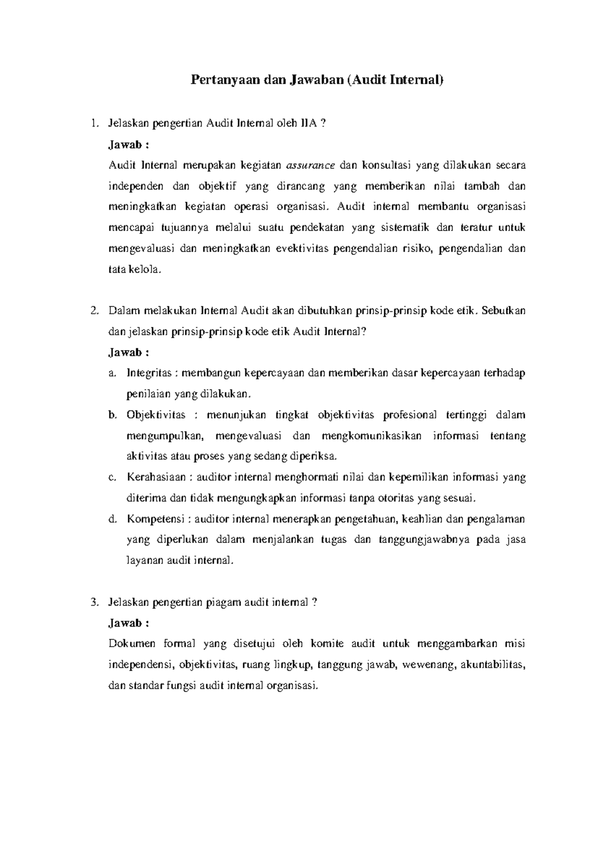 Soal-soal Audit Internal 7: Pertanyaan dan Jawaban Kunci - Studocu