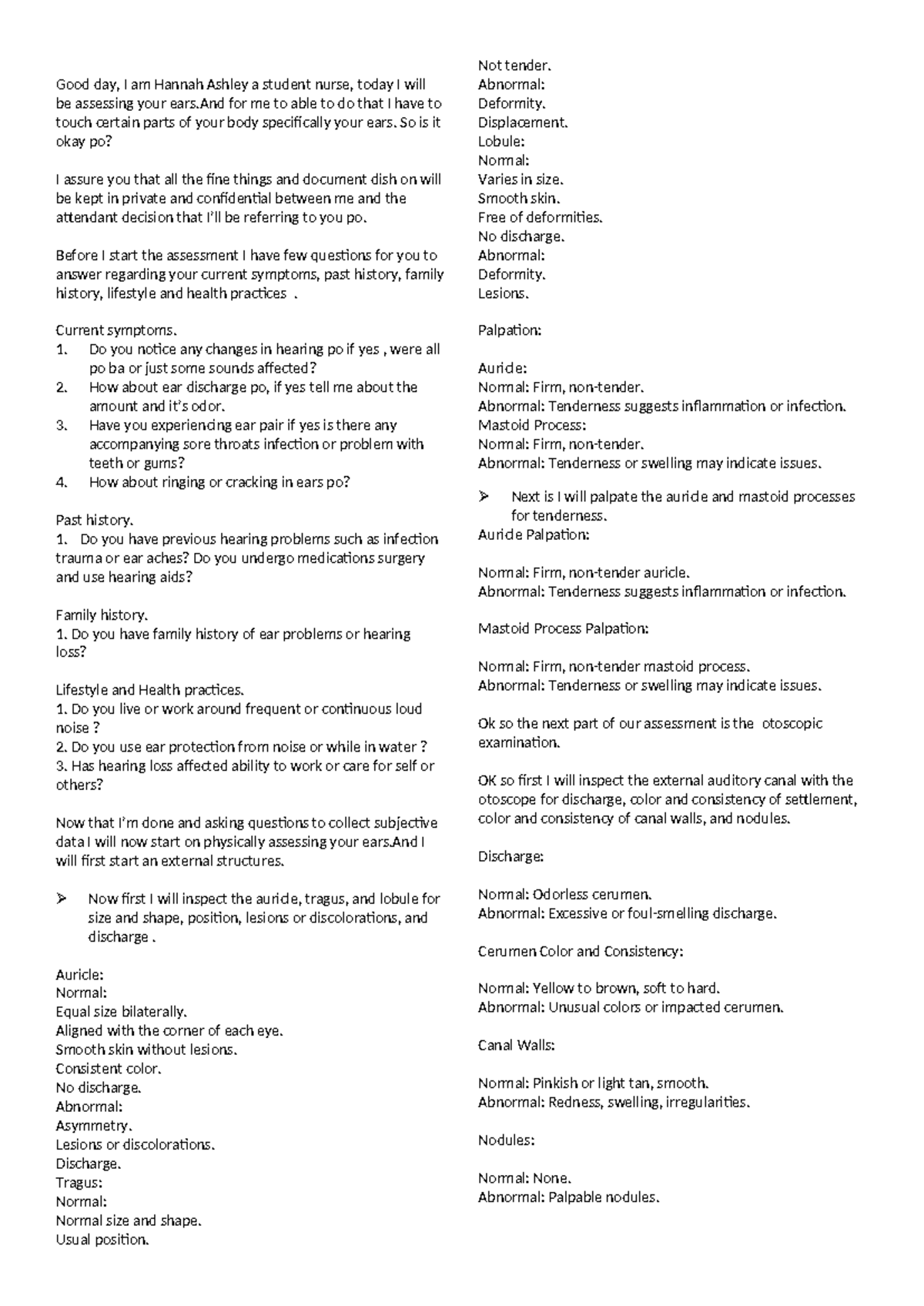 EARS 101 - Ear Assessment Script for Student Nurses - Studocu