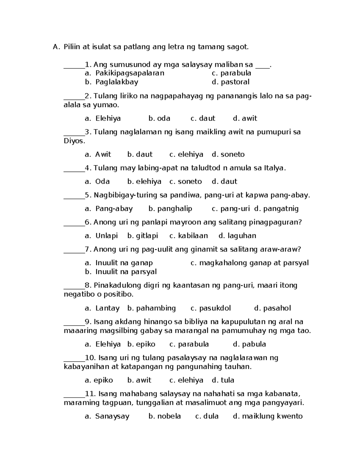 Memay Filipino - Quiz Notes on Literary Forms and Terms - Studocu