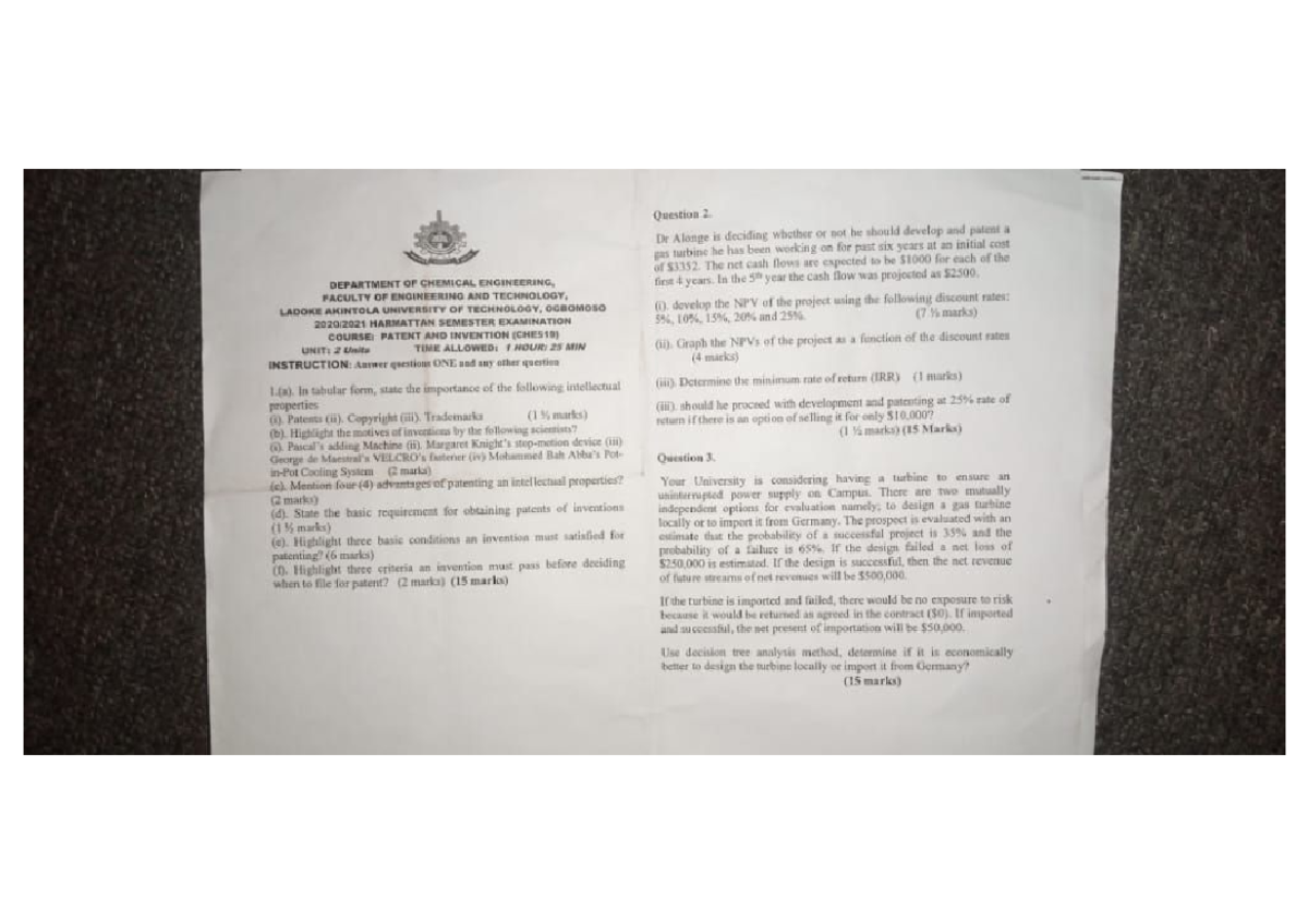 NPV Analysis and Patent Considerations for CHE 519 Exam - Studocu