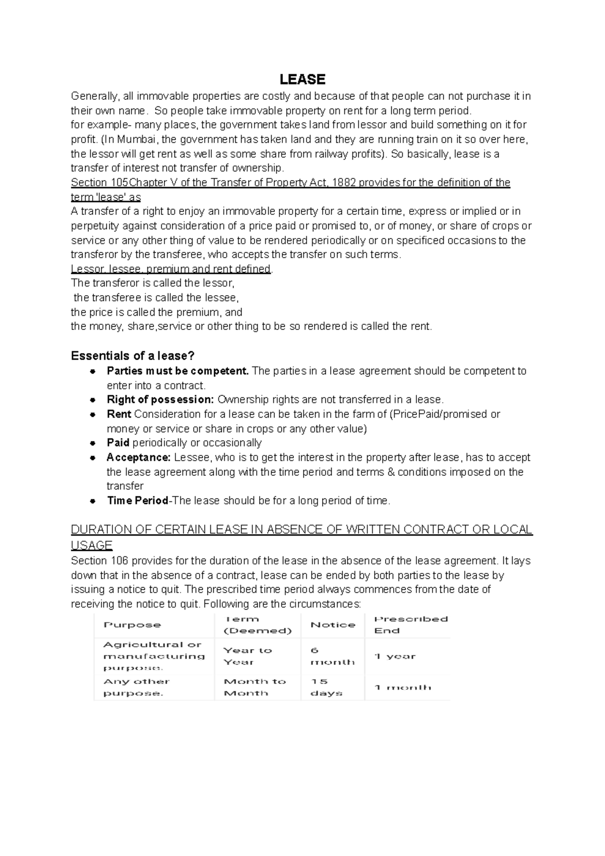 Lease 1 - Notes - LEASE Generally, all immovable properties are costly ...