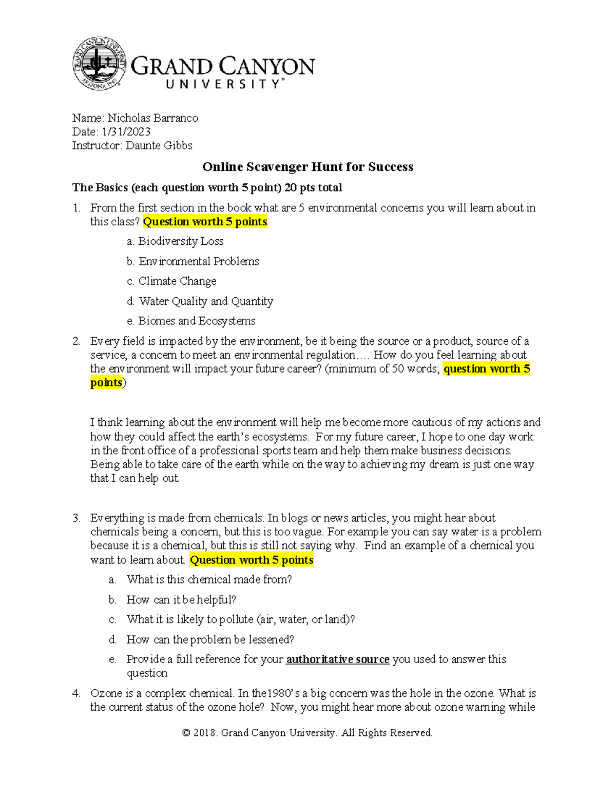 BIO 220 RS Online Scavenger Hunt for Success: Key Environmental ...