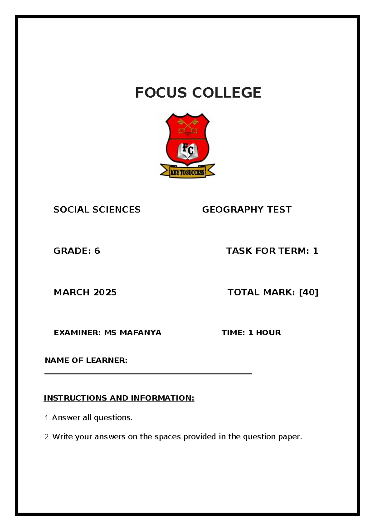 Grade 6 Social Sciences Geography Test - March Term 1 2025 - Studocu