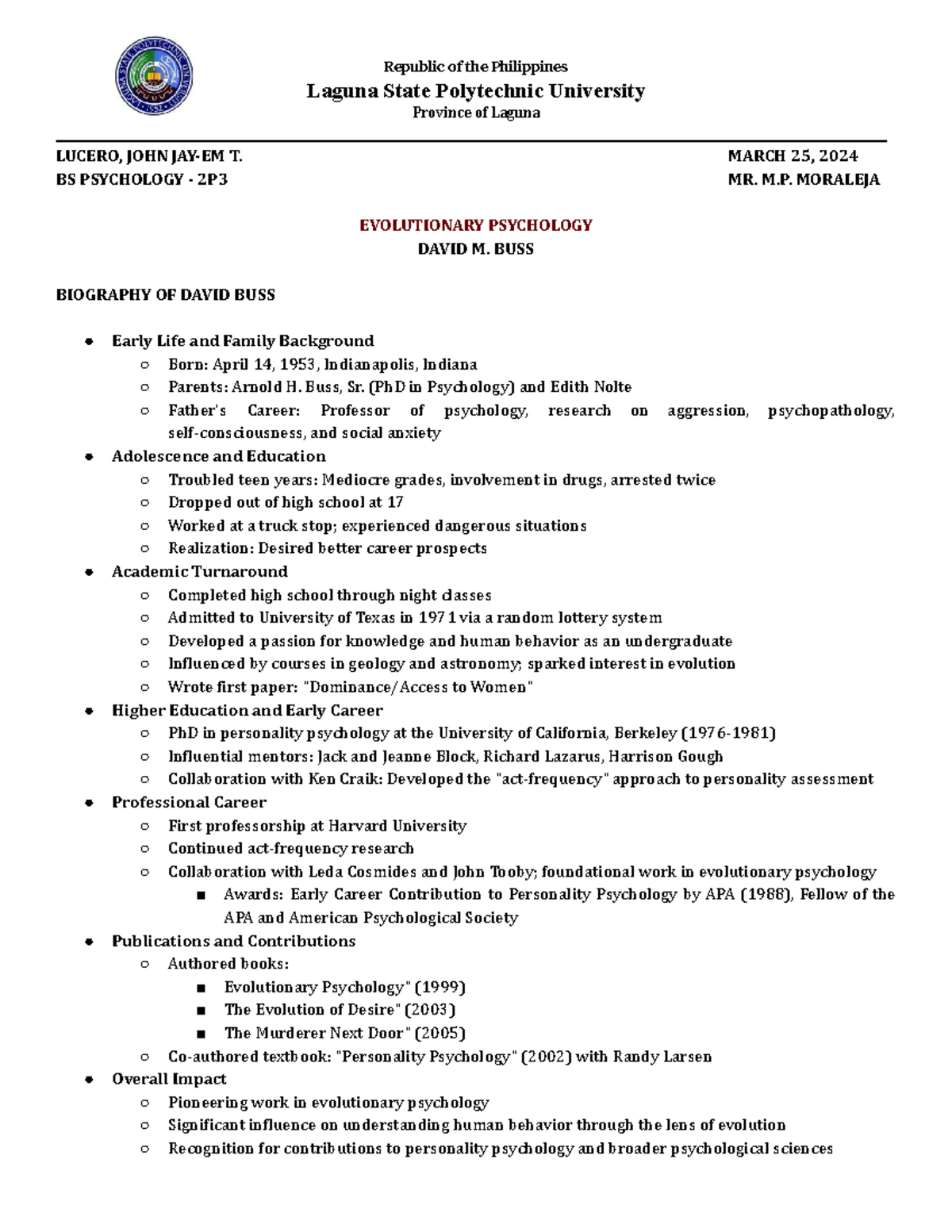 **Evolutionary Psychology: Insights from David M. Buss - BS PSY 2P3 ...