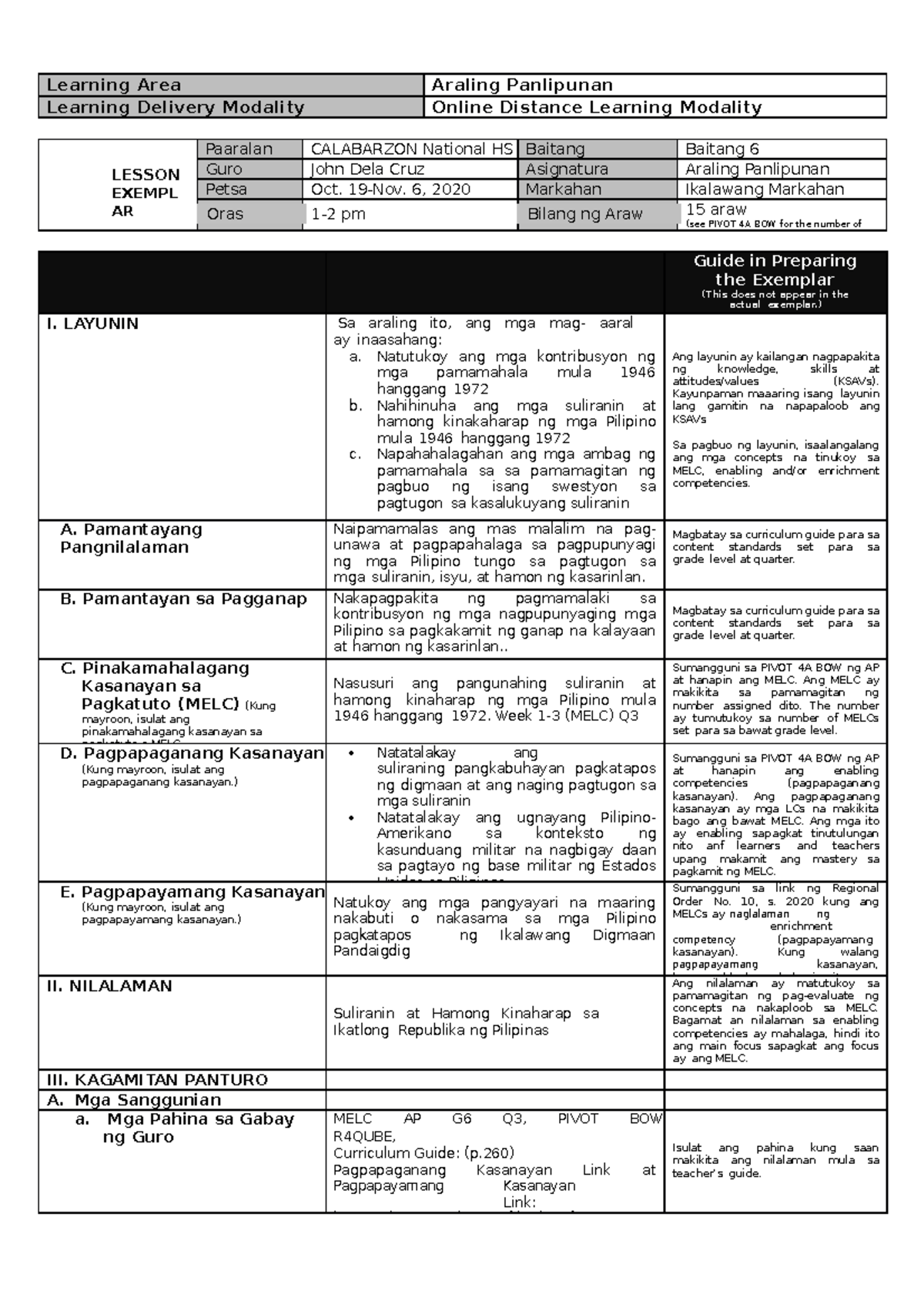 Grade 6 AP Lesson Exemplar: Addressing Historical Challenges - Studocu