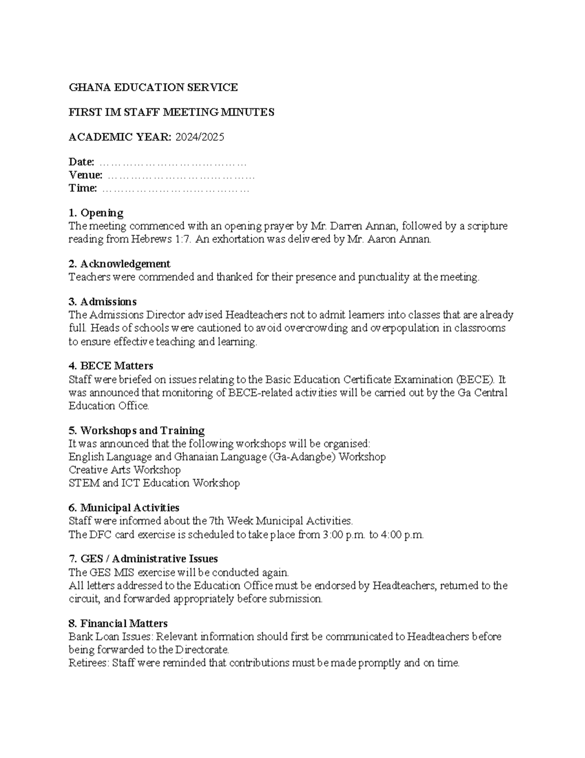 GES Emmaus Methodist Model Basic School Staff Meeting Minutes (1st Term ...