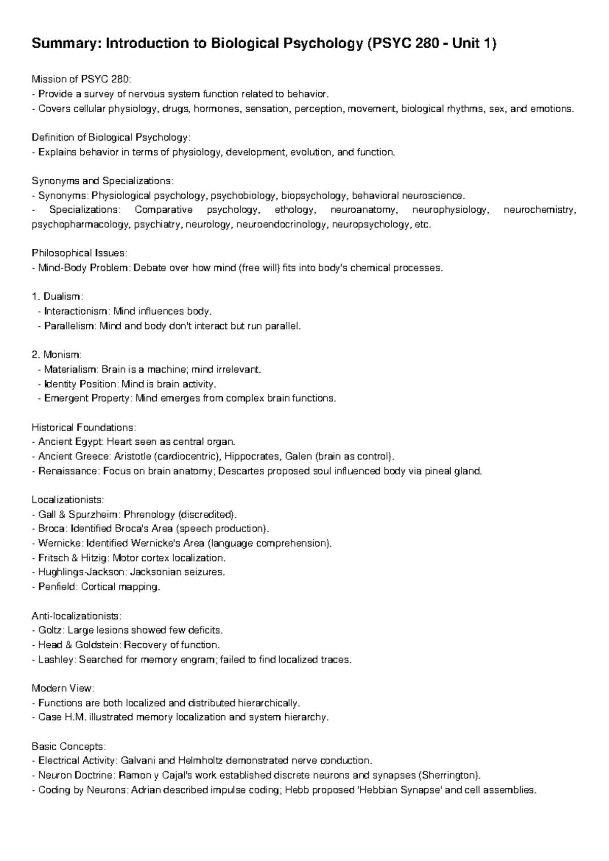 PSYC 280 Unit 1: Summary of Biological Psychology Concepts - Studocu