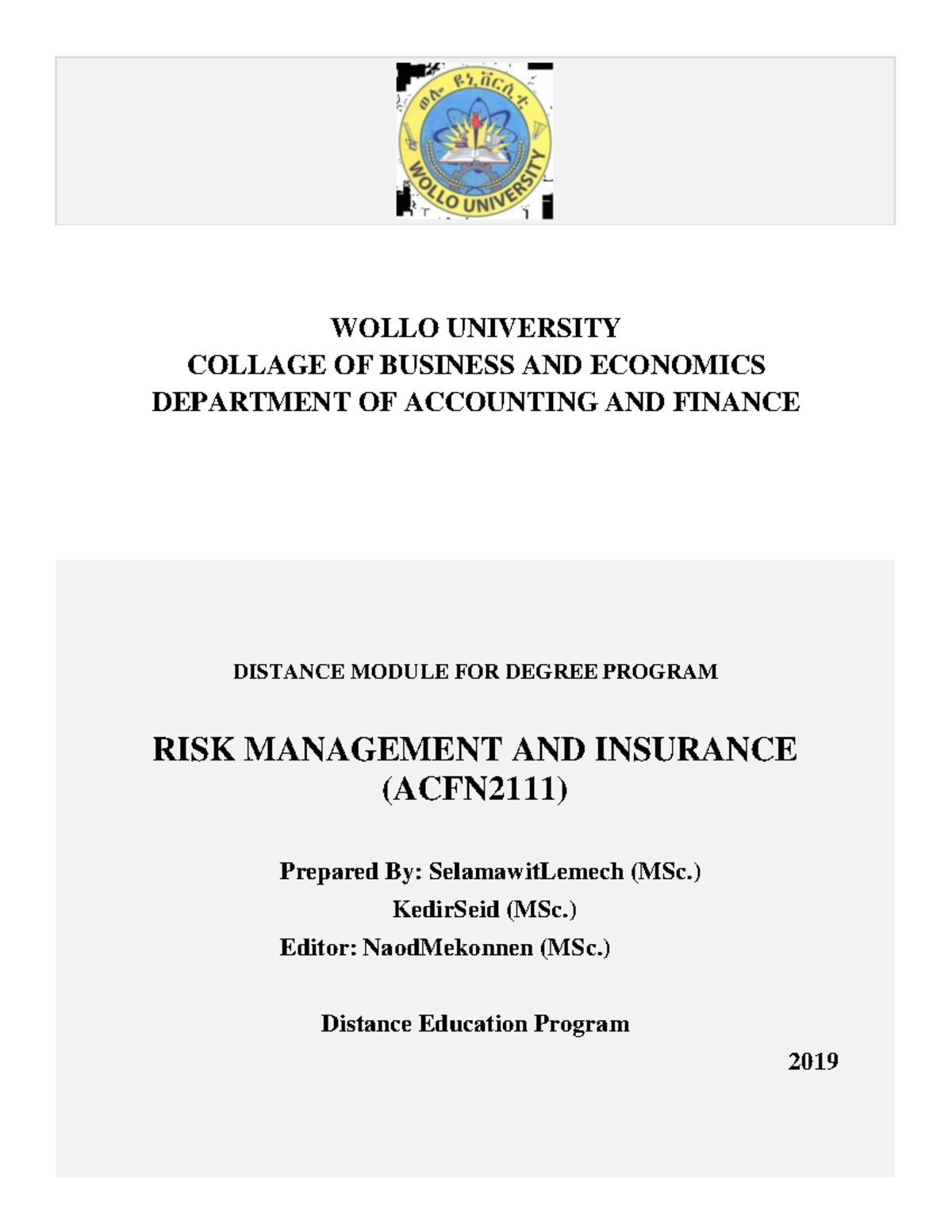 Risk Management and Insurance Distance Module (BUS 2019) - Studocu