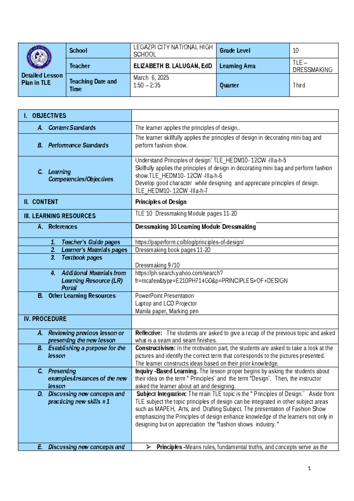 DLP CO TLE 10 Dressmaking: Principles of Design Lesson Plan - Studocu