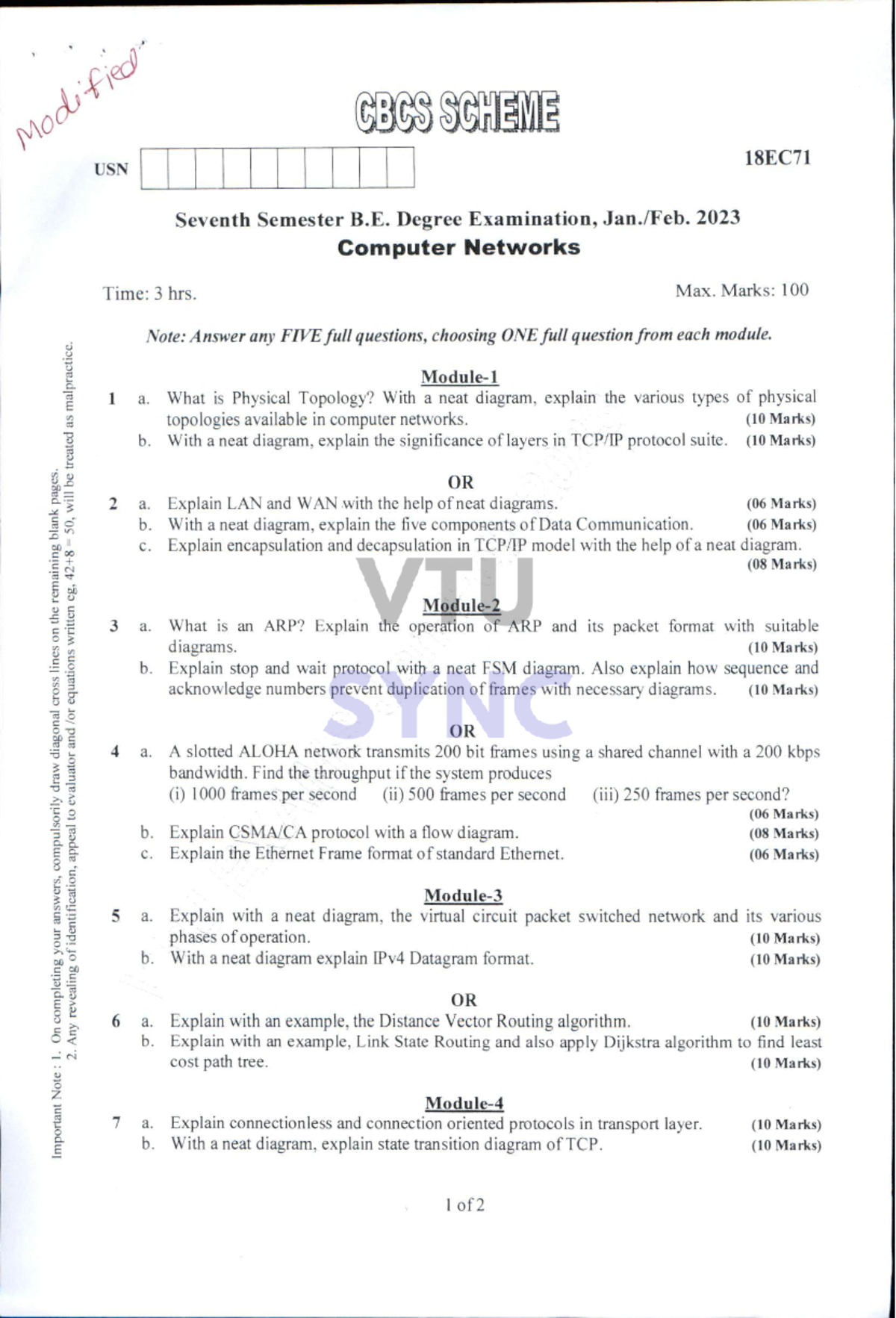 SCH 18EC71 - Computer Networks & Protocol Jan-Feb 2023 Question Paper ...