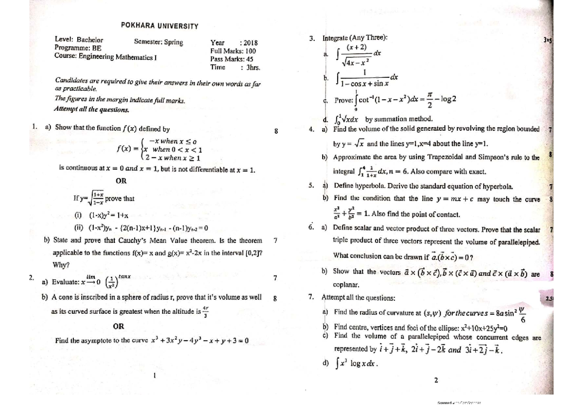 Engineering Mathematics I - Final Exam Spring 2018 & Fall 2019 - Studocu