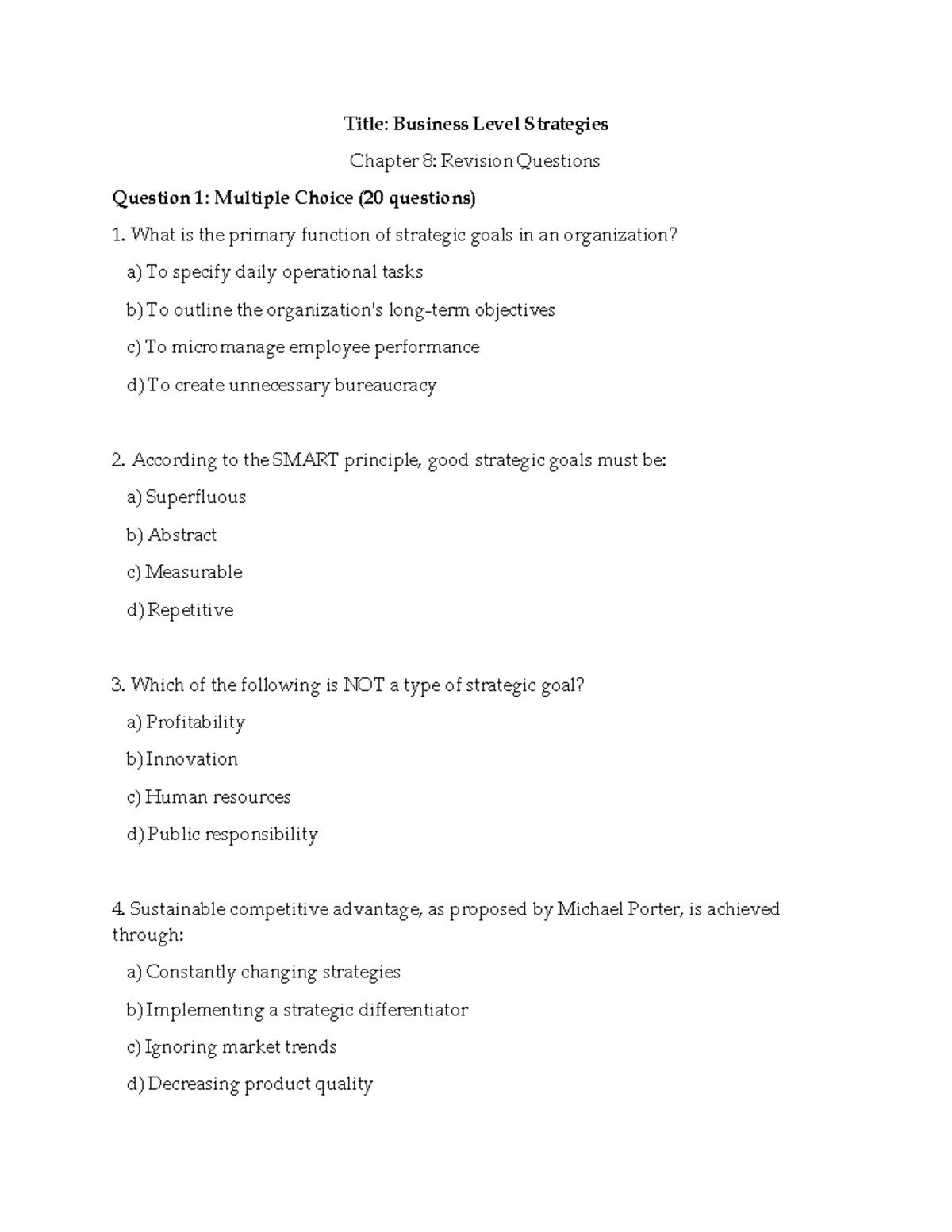 Business Level Strategies (BUS 101): Chapter 8 Revision Questions - Studocu