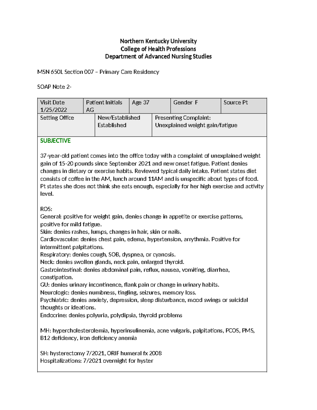 SOAP Note 2 - Case Study - Northern Kentucky University College of ...