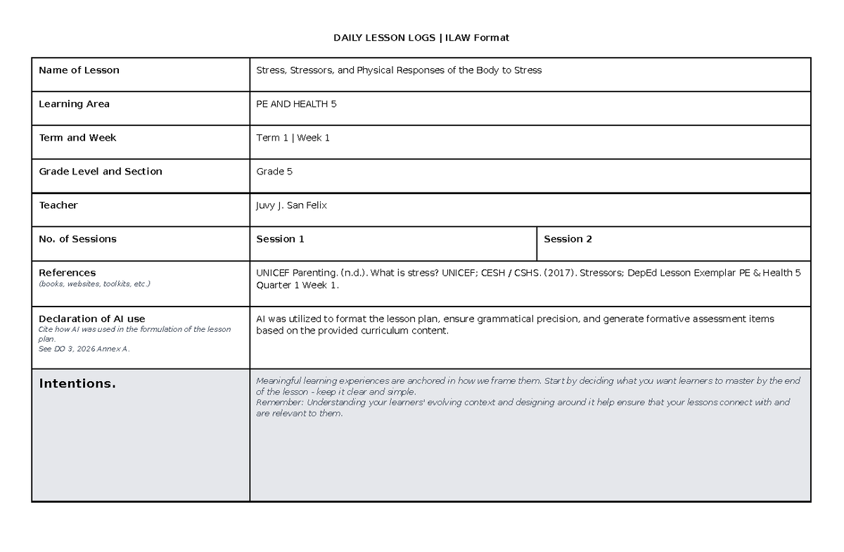 PE AND HEALTH 5 Daily Lesson Log: Stress Management T1 W1 - Studocu