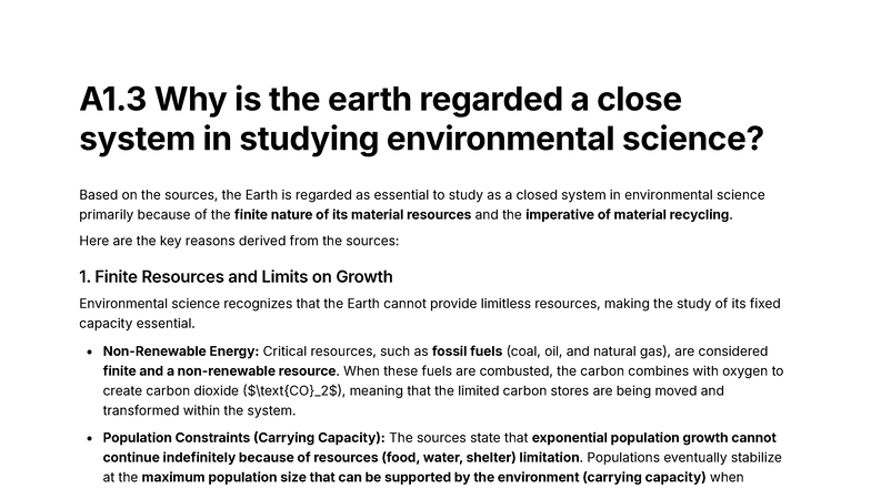A1.3 Understanding Earth's Closed System in Environmental Science - Studocu