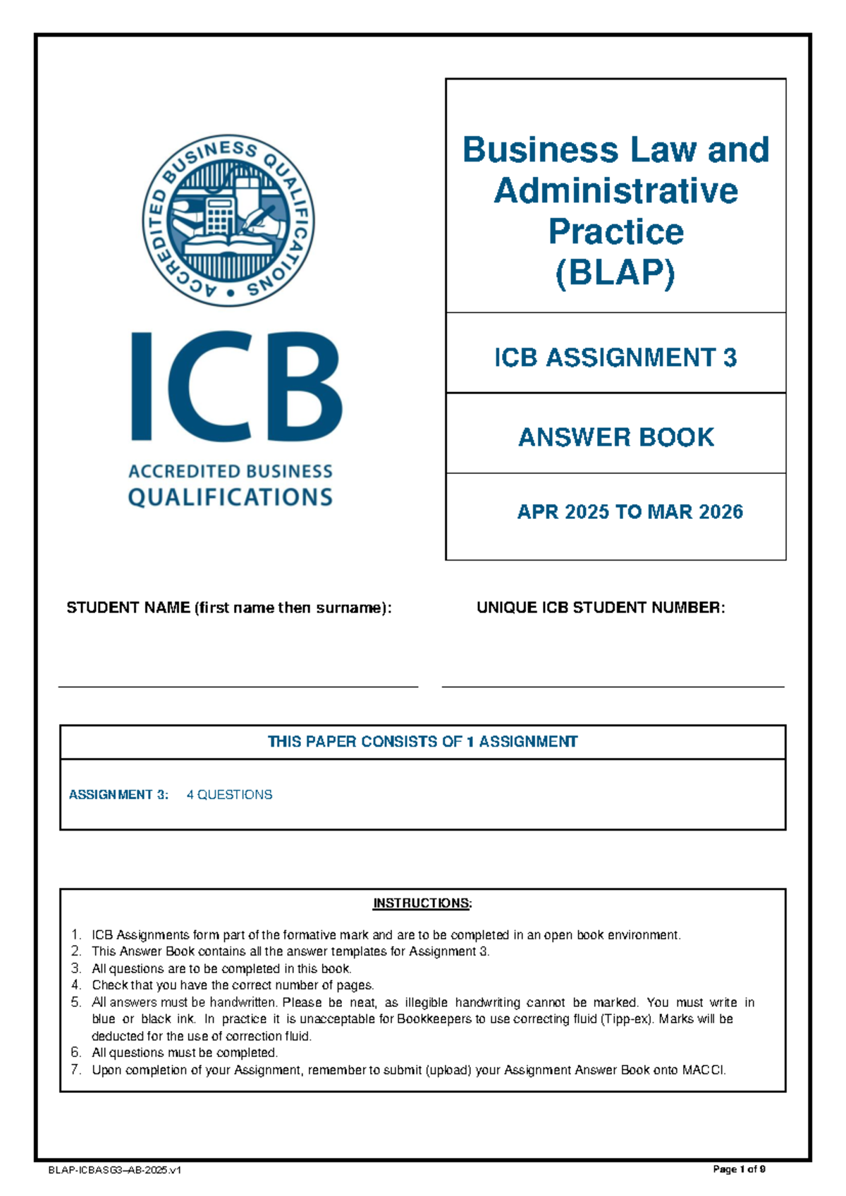 Blap ICB assignment 3 answer book: April 2025 to March 2026 - Studocu