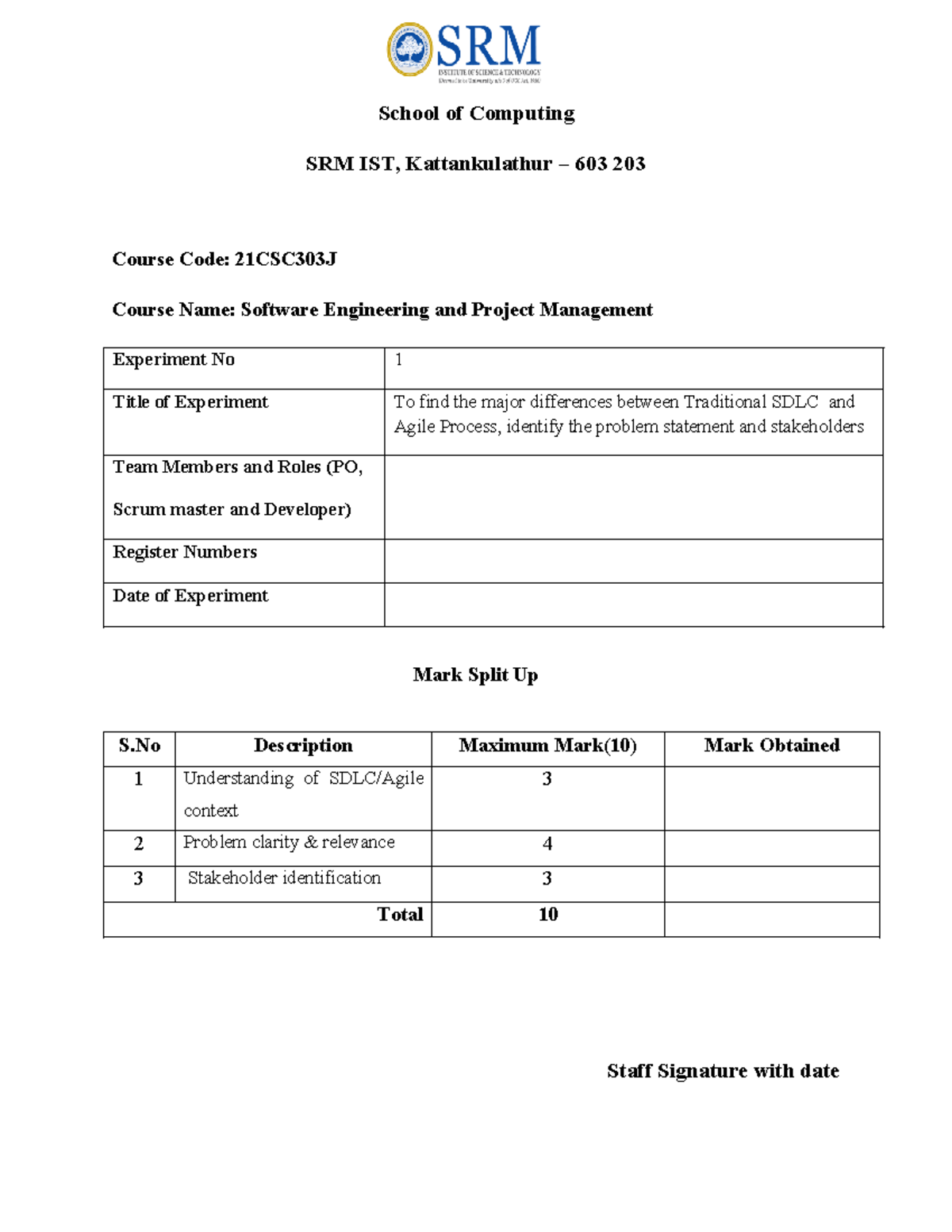 21CSC303J-SEPM-Exp 1: Differences in SDLC & Agile Process - Studocu