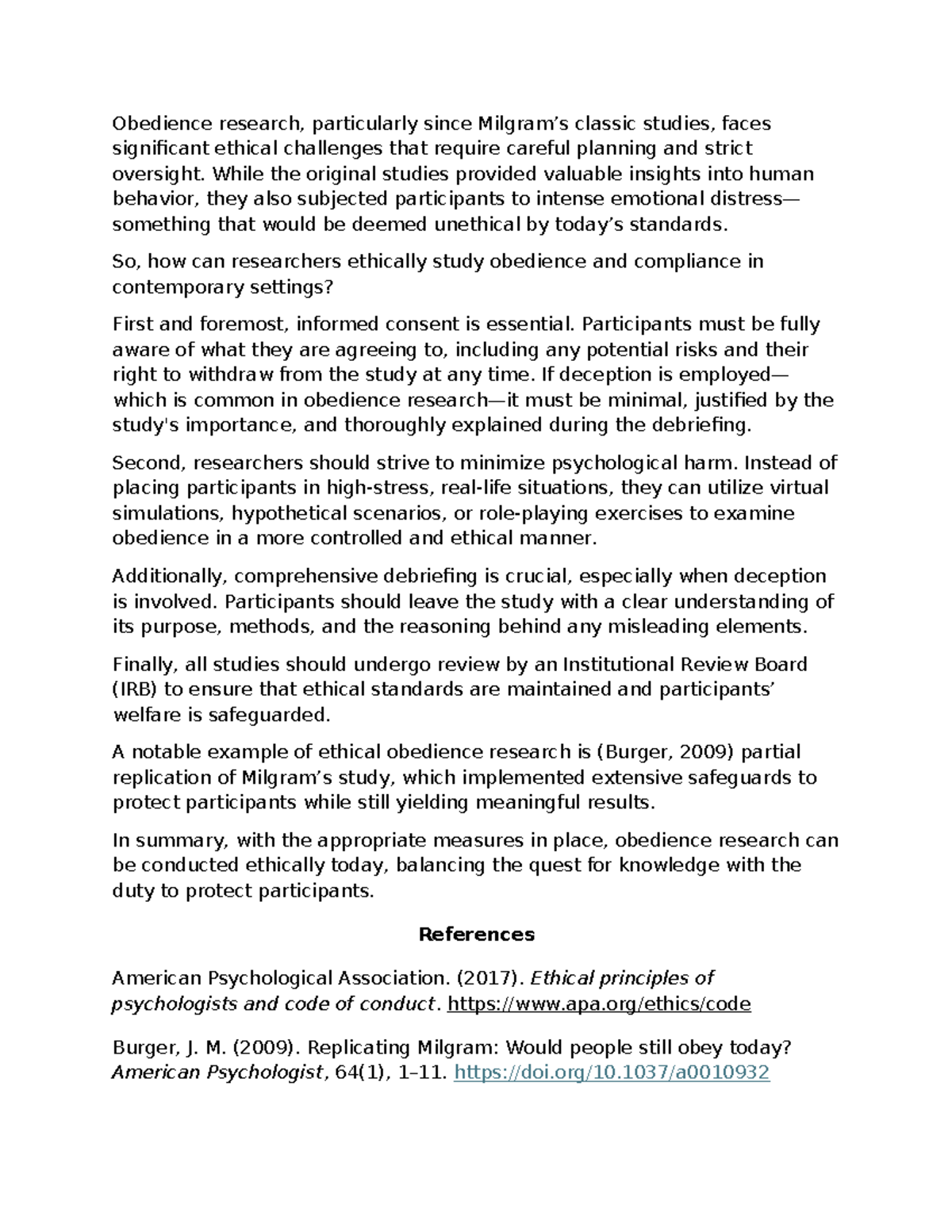 PSY 327 6-1 Discussion: Ethical Considerations in Obedience Research ...