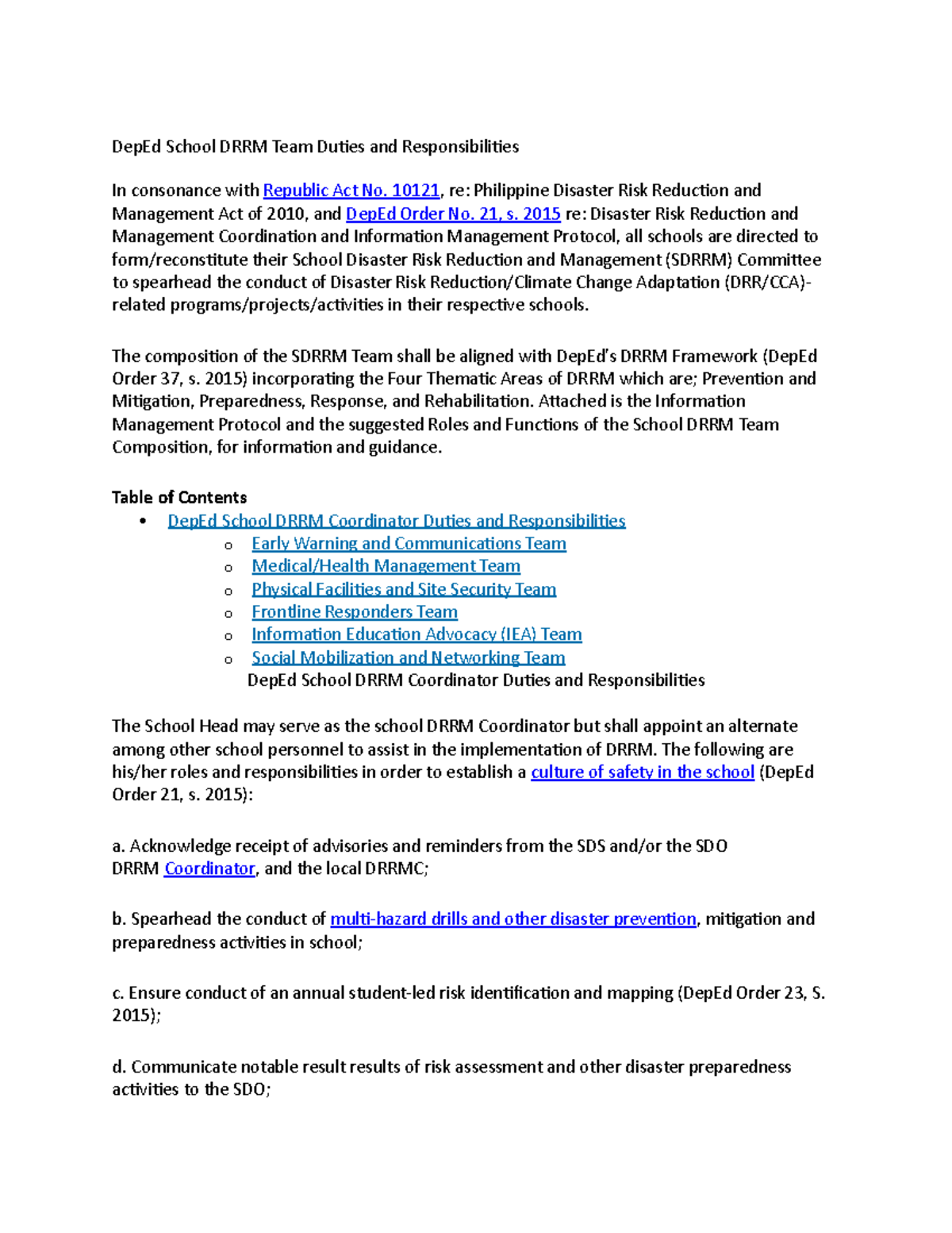 DepEd DRRM Team Roles & Responsibilities - Guidelines & Protocols - Studocu