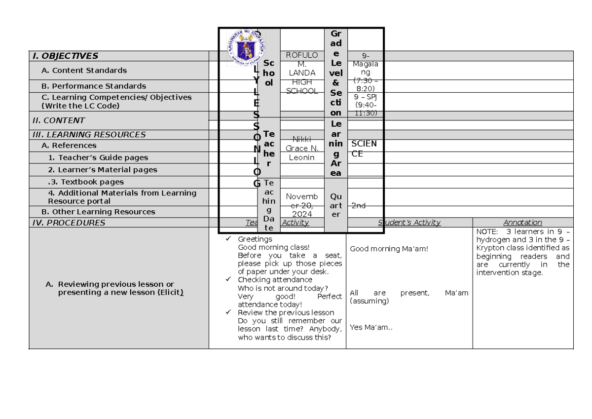COT - 2nd Quarter Observation and Lesson Plan Details - Studocu