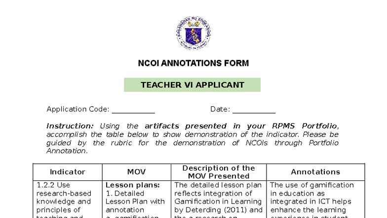 TVI-NCOI Annotations Form for Teacher VI Applicant - Studocu