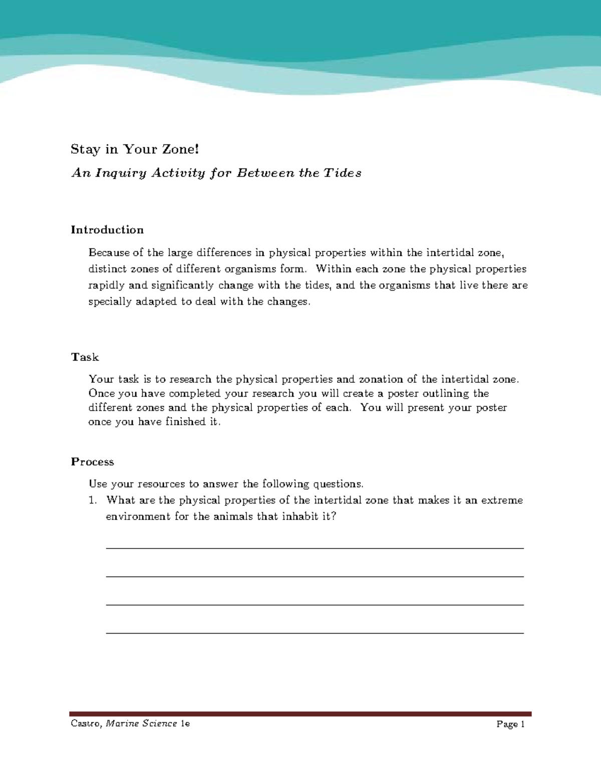 Ocean zone project - Castro, Marine Science 1e Page 1 Stay in Your Zone ...