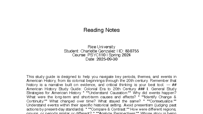 PSYC110 American History Study Guide: Colonial to 20th Century - Studocu