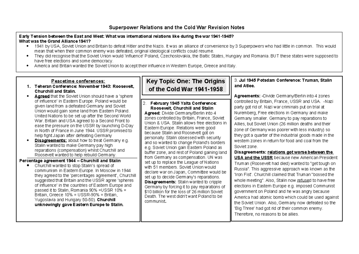 Superpower Relations and the Cold War: Revision Notes (1941-1949) - Studocu