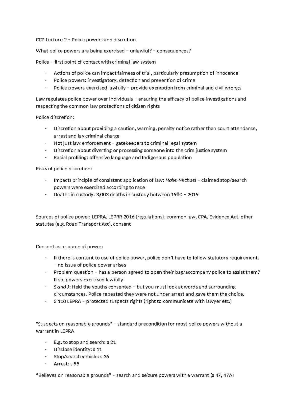 Laws1014 ccp lecture + tutorial 2 notes - CCP Lecture 2 – Police powers ...