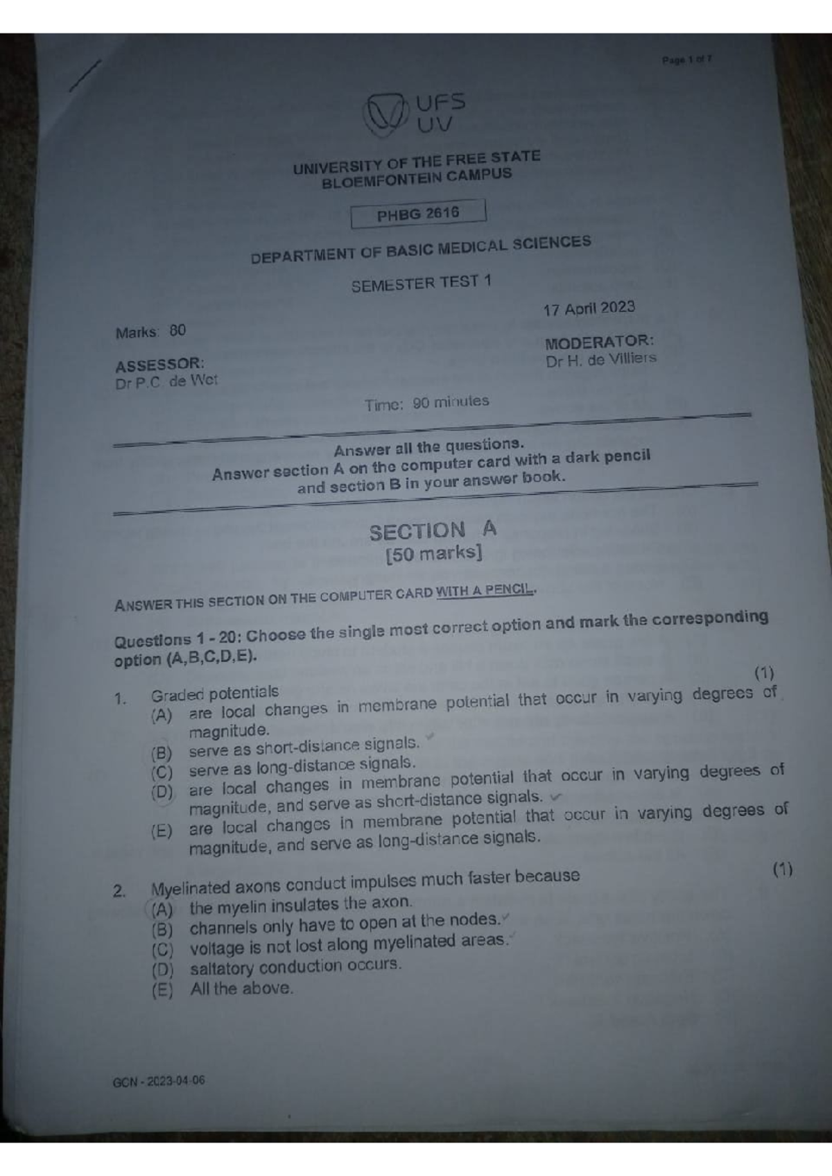 PHBG 2616 Basic Medical Sciences Semester Test 1 - April 2023 - Studocu