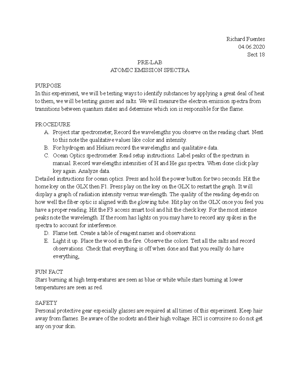 Pre-lab - chemistry pre lab 1 - Richard Fuentes 04. Sect 18 PRE-LAB ...