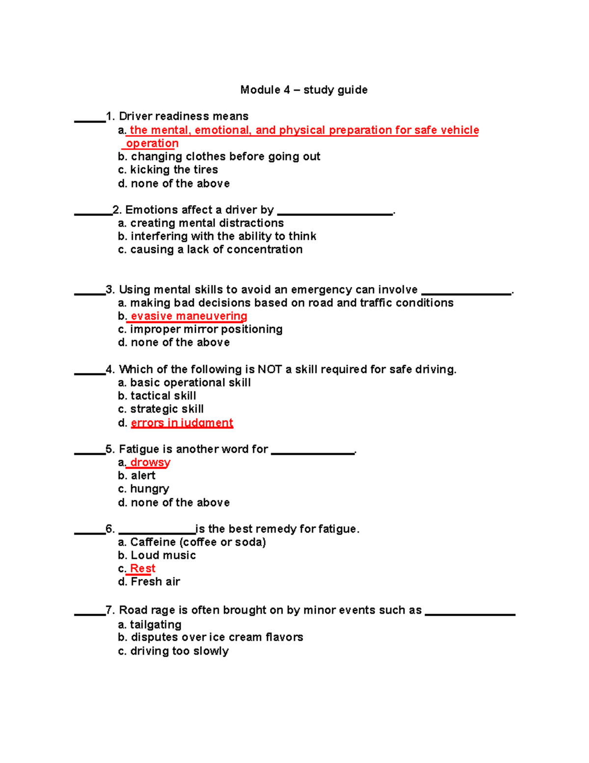 Module 4 Study Guide - Driver Readiness & Safety Test - Studocu