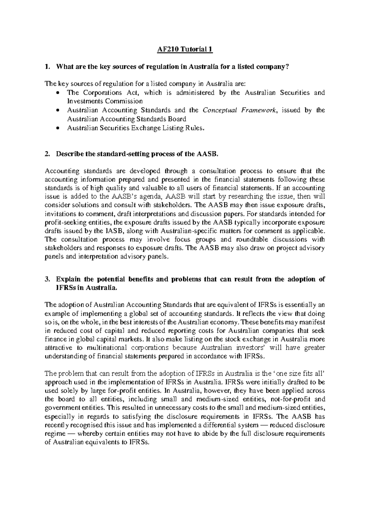 AF210 Tutorial 1 Solutions: Key Regulations and AASB Process - Studocu