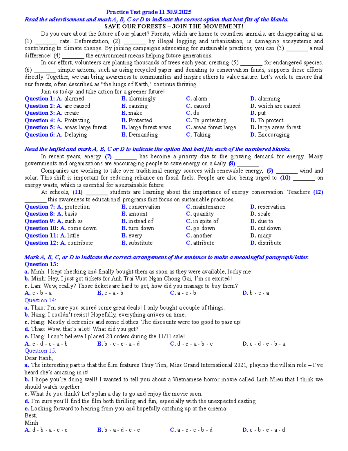Practice Test Grade 11: Environmental Awareness & Ethics 2025 - Studocu