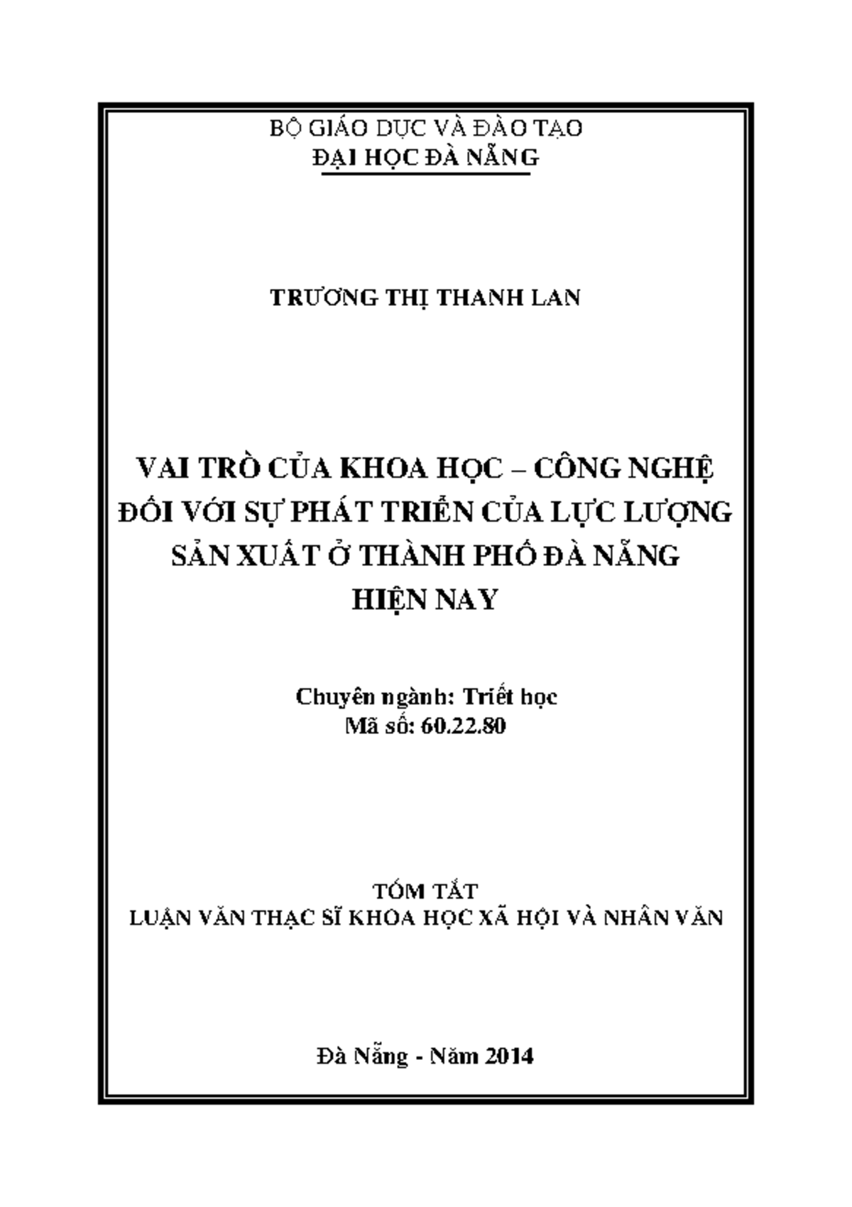 Truong Thi Thanh Lan - Tốt - B GIÁO D C VÀ ÀO T O I H C À N NG TR NG TH THANH LAN VAI TRÒ C A ...