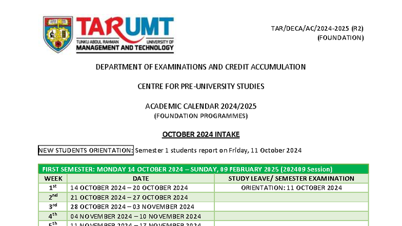 Tarumt Timetable - TAR/DECA/AC/202 4 - 2025 (R2) (FOUNDATION ...