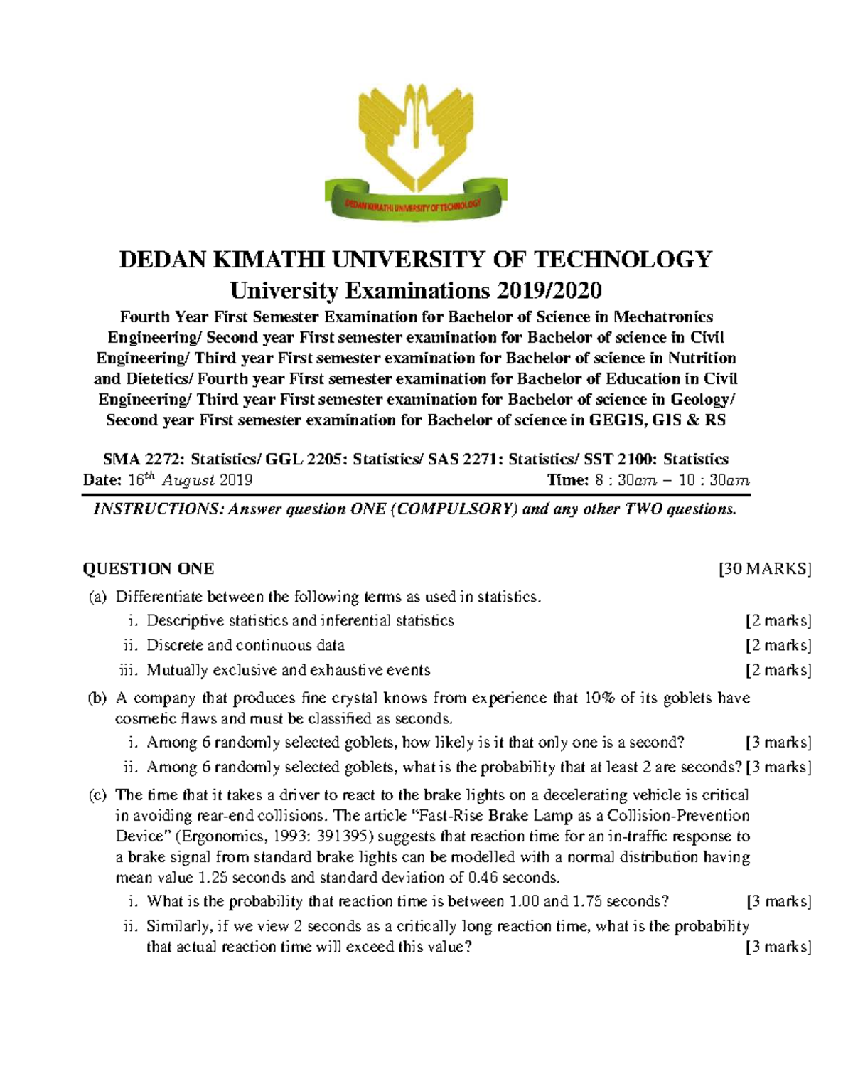 SMA 2272: Final Exam Statistics for Mechatronics, Civil, Nutrition, and ...