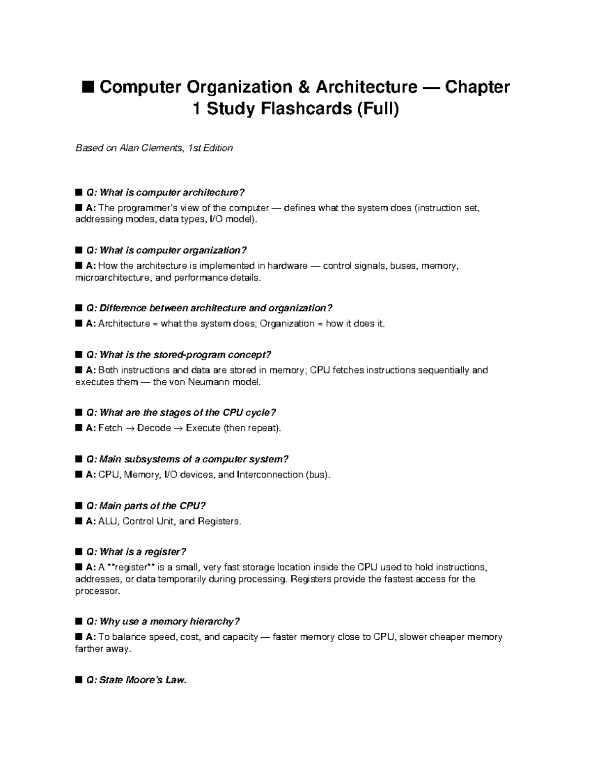 Computer Organization & Architecture (COA) Chapter 1 Flashcards - Studocu