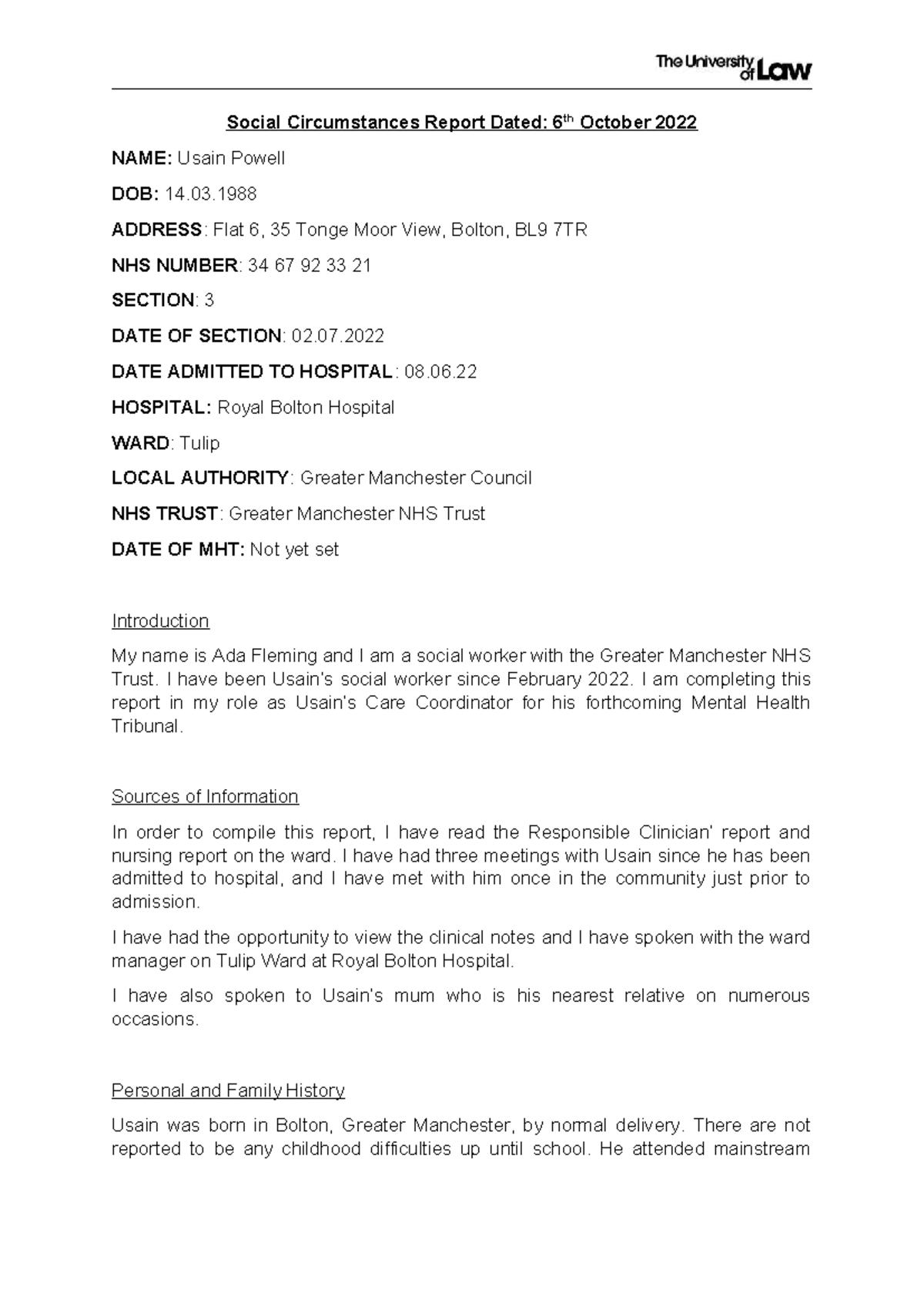 Social Circumstances Report: Usain Powell (2526 MHMC U05B CE01) - Studocu