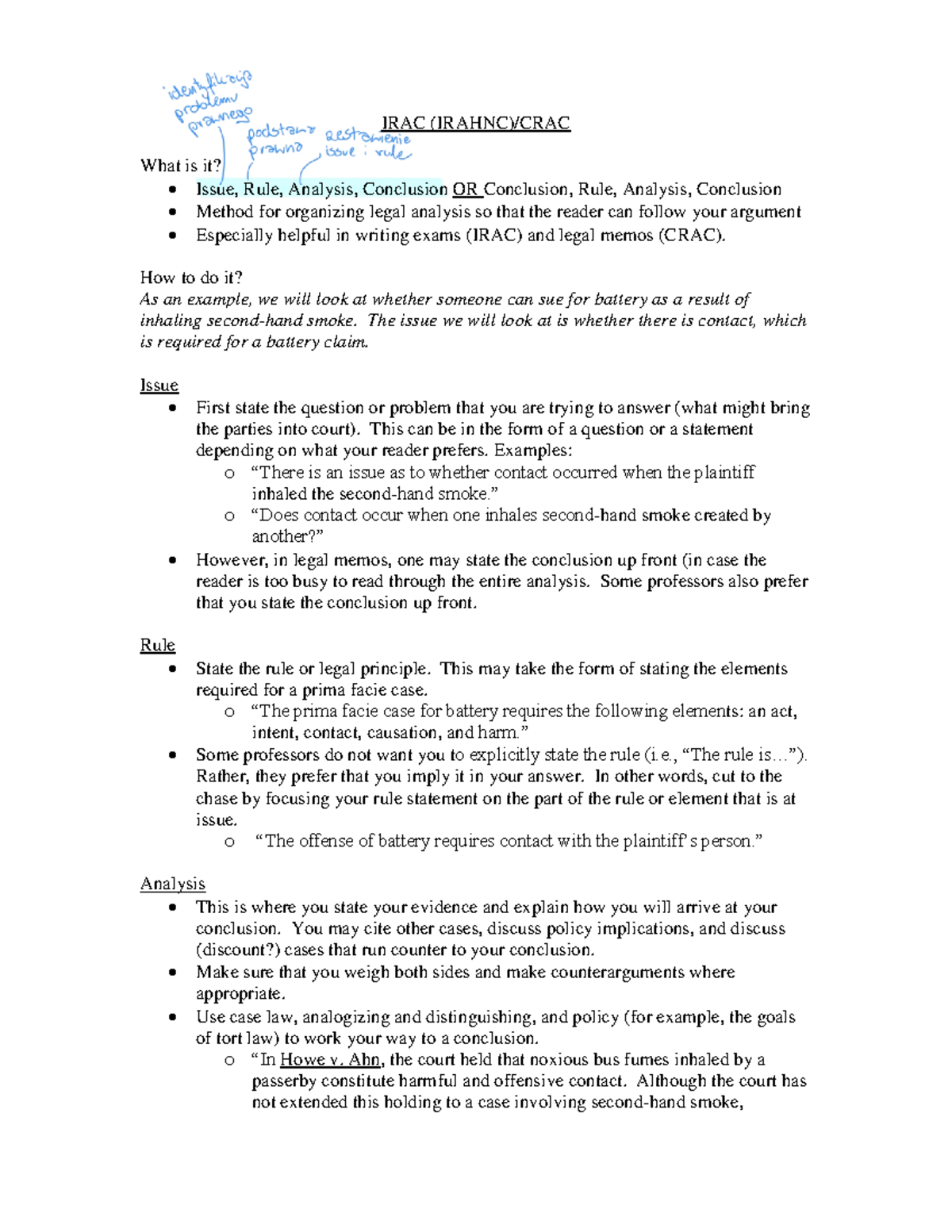 IRAC Method Handout: Legal Analysis Framework for Exams & Memos - Studocu