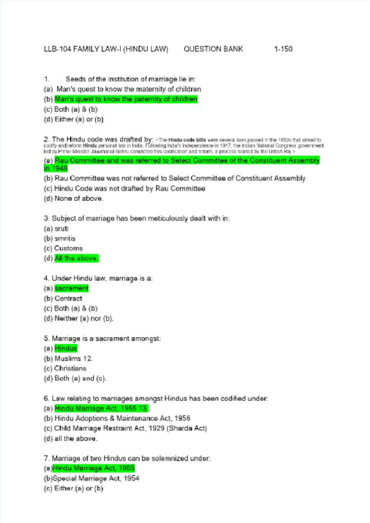 Family Law 150: Multiple Choice Questions Study Guide - Studocu