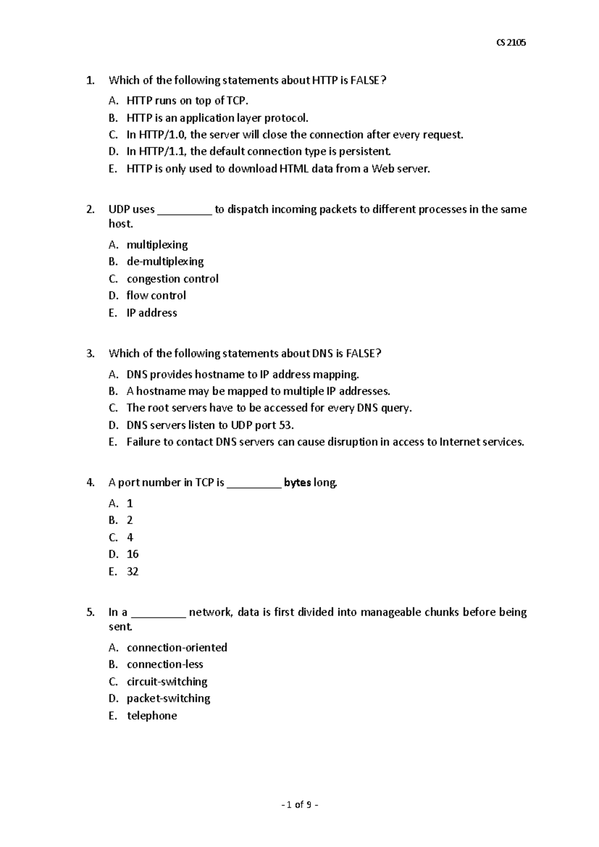 CS2105 Practice Paper 2: Networking Concepts and Protocols - Studocu
